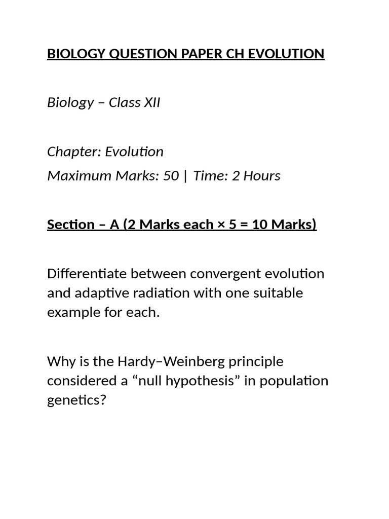 Class XII Biology: Evolution Exam Paper | PDF | Evolution | Natural ...