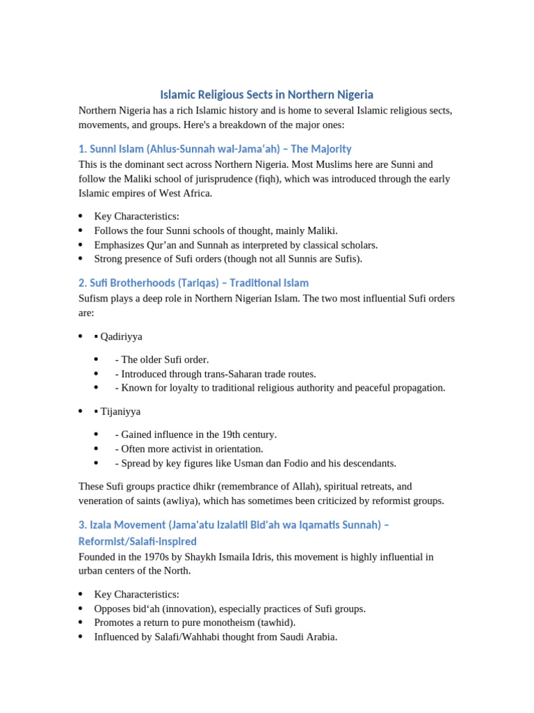 Islamic Sects Northern Nigeria | PDF | Sufism | Sunni Islam