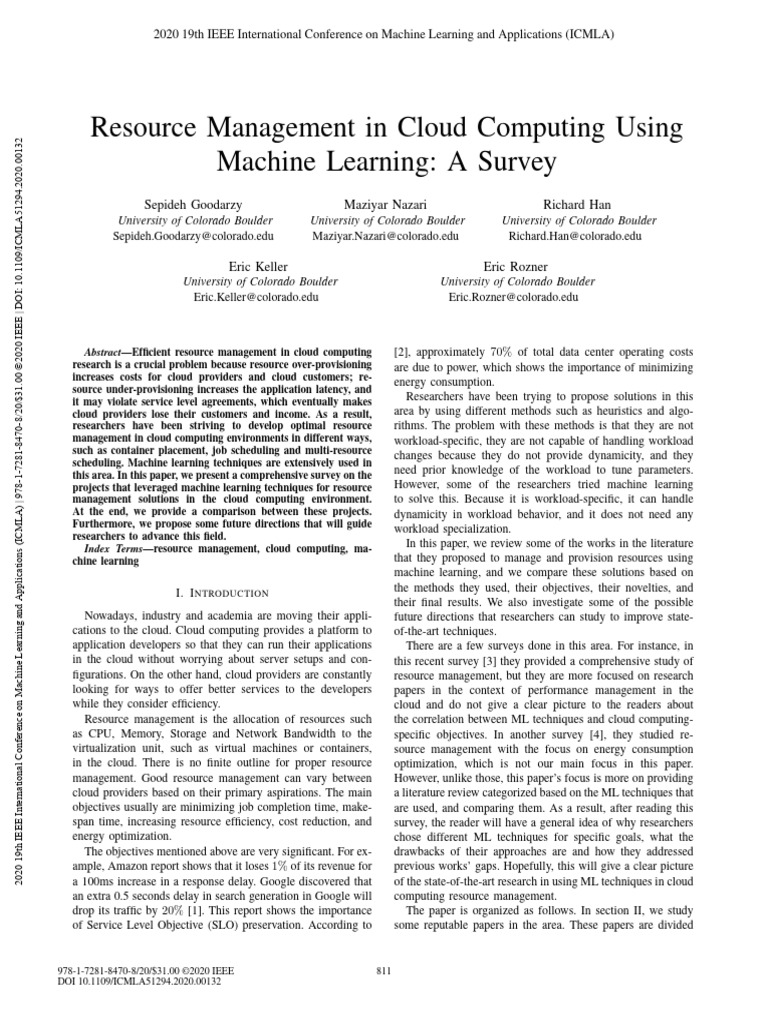 Resource Management in Cloud Computing Using Machine Learning A Survey ...