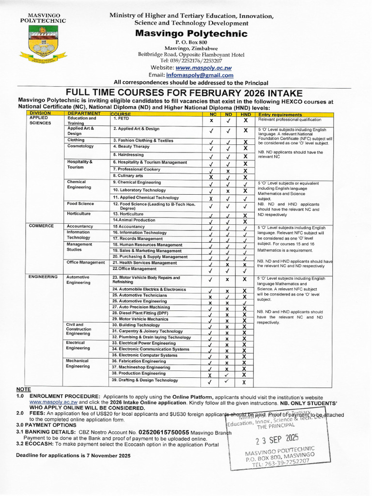 Masvingo Polytechnic February 2026 Intake Advert - 030816 | PDF