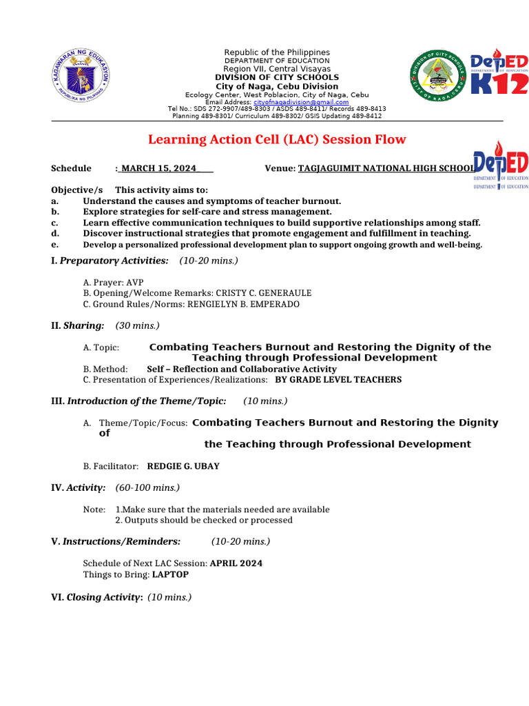 LAC Session on Teacher Burnout Strategies | PDF | Learning | Behavior ...