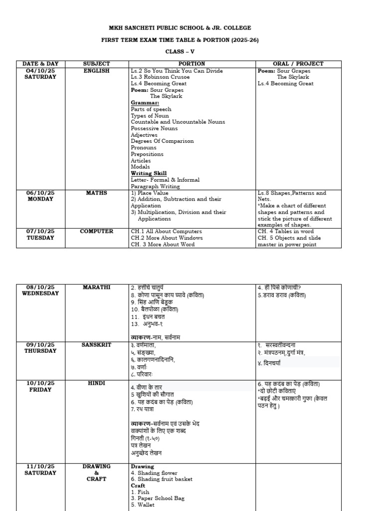 Class V First Term Exam Schedule 2025-26 | PDF | Noun | Part Of Speech