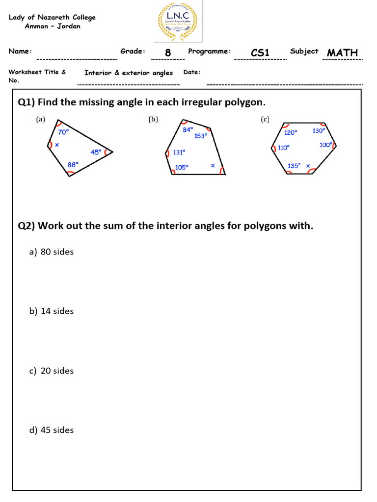 8th Grade Interior & Exterior Angles Worksheet | PDF