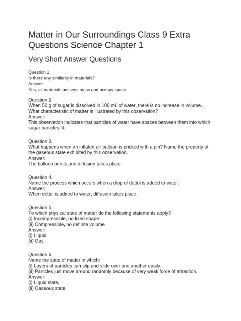 Matter in Our Surroundings Class 9 Extra Questions Science Chapter 1 | PDF | Gases | Matter