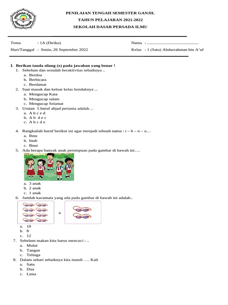SOAL PTS KELAS 1 TEMA A Diriku | PDF