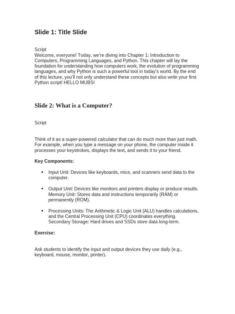 Week One Session 1 and 2 Introduction To Computers Programming Languages and Python | PDF ...