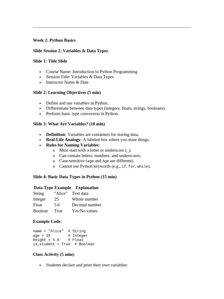 Week Two Session 2 Variables and Data Types | PDF | Data Type | Boolean Data Type