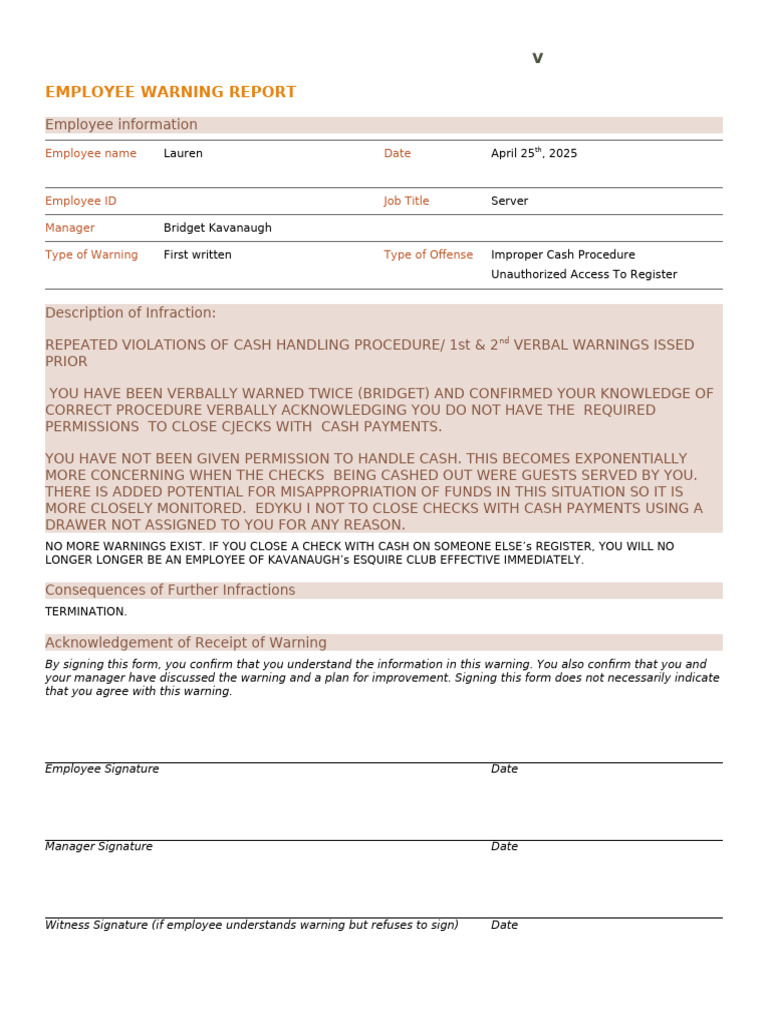 Employeewarningreport Lauren | PDF