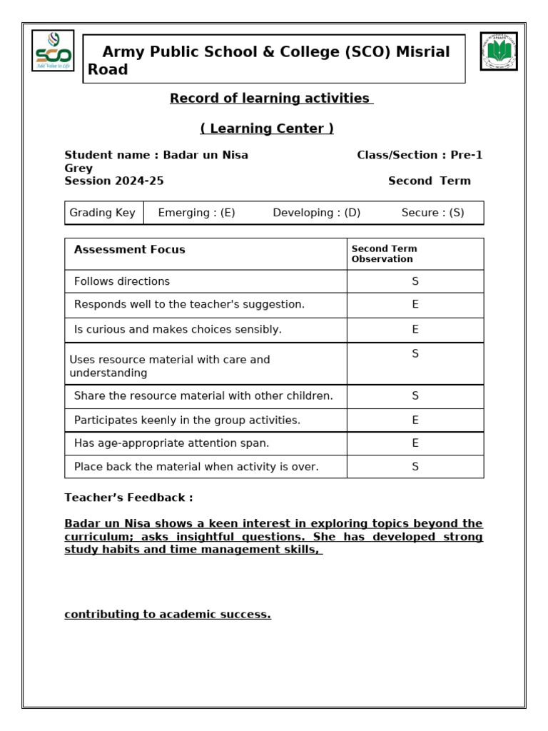 Pre-1 Learning Activity Records 2024-25 | PDF | Teachers | Learning