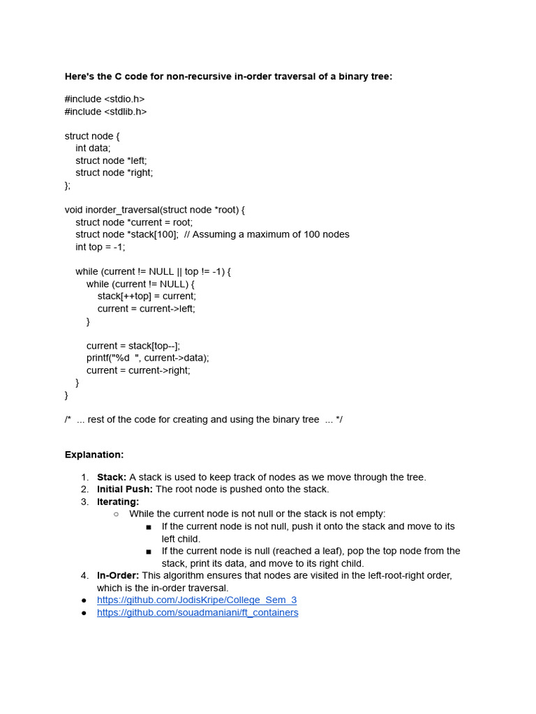 Write A Non-Recursive Code To Perform In-Order Traversal of A Binary ...