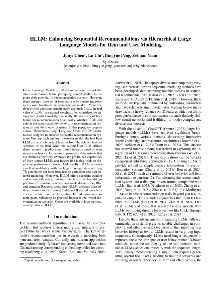 HLLM Enhancing Sequential Recommendations via Hierarchical Large | PDF | Learning | Machine Learning