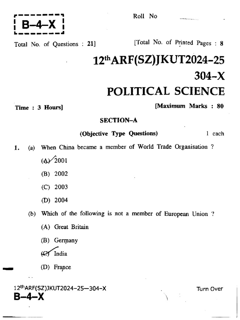 Class 12 Political Science Paper 2025 | PDF | Politics Of India ...