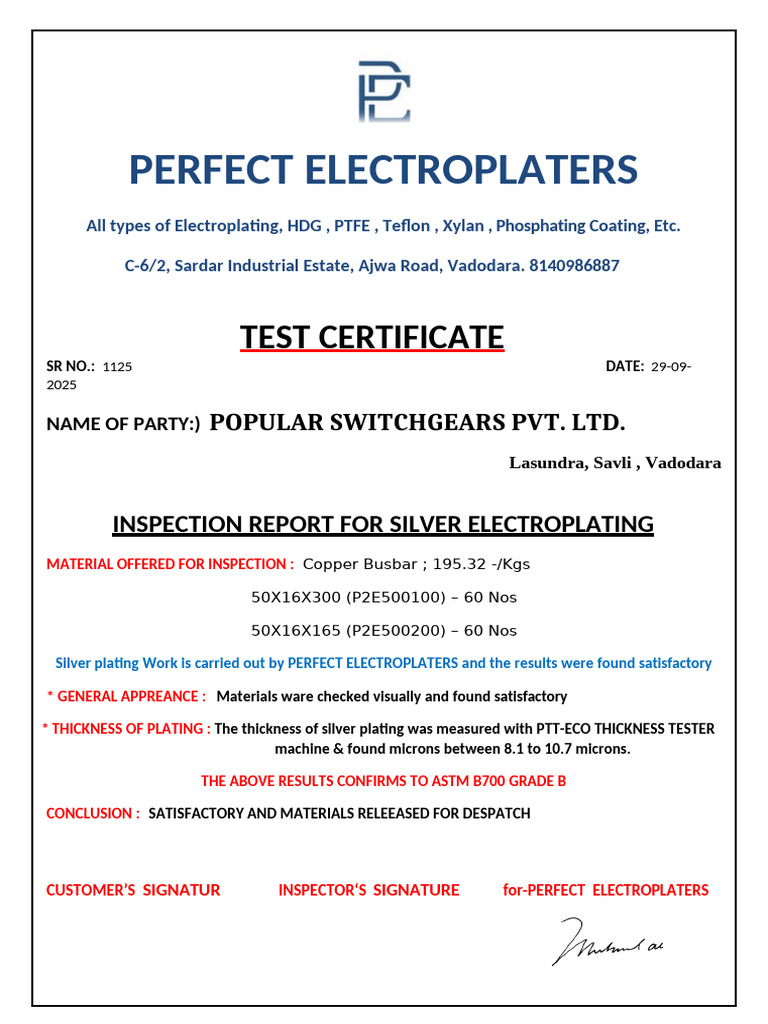 Silver Plating Inspection Report for Popular Switchgears | PDF
