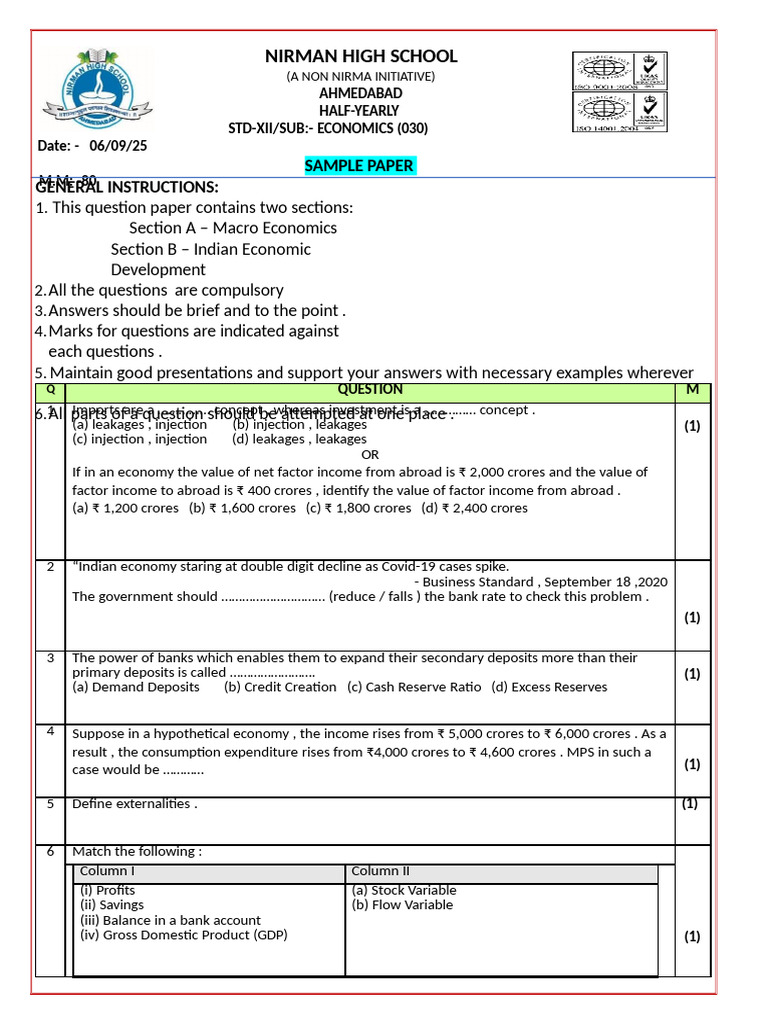 Sample Paper Xii Economics Half-yearly Exam | PDF | Recession | Full Employment