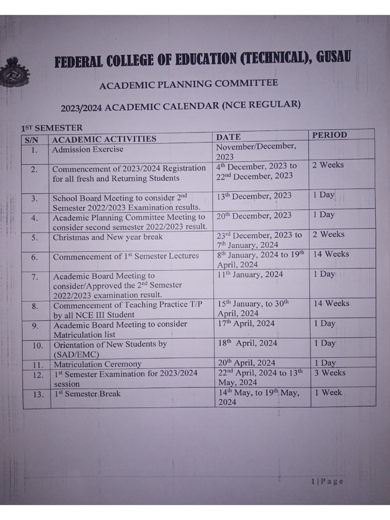 2023 2024 Academic Calendar (Nce Regular) | PDF
