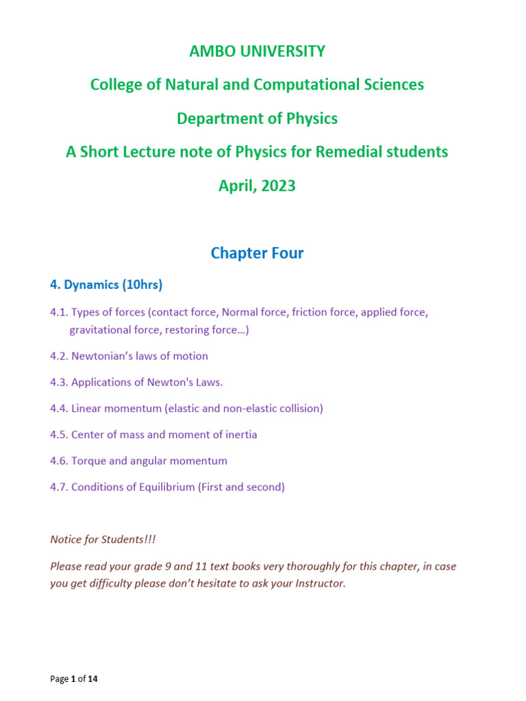 Dynamics Lecture Notes for Students | PDF | Force | Momentum