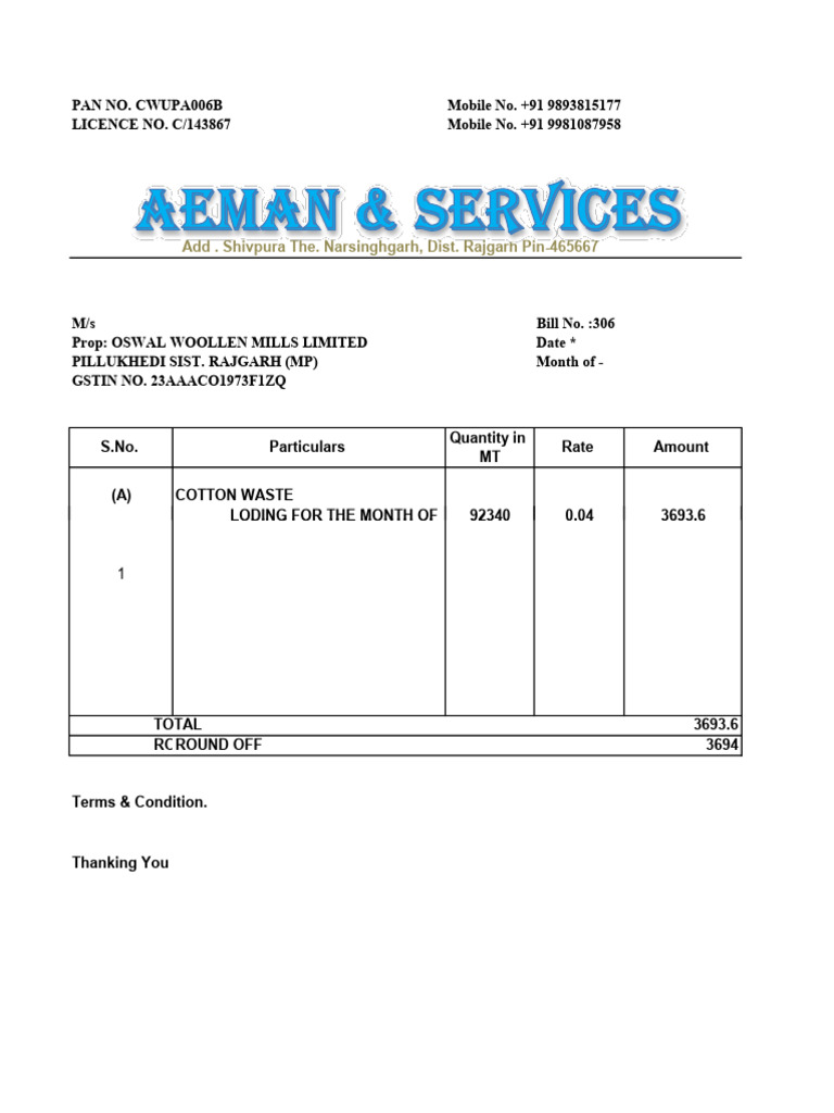 Cotton Waste Invoice for Oswal Woollen Mills | PDF