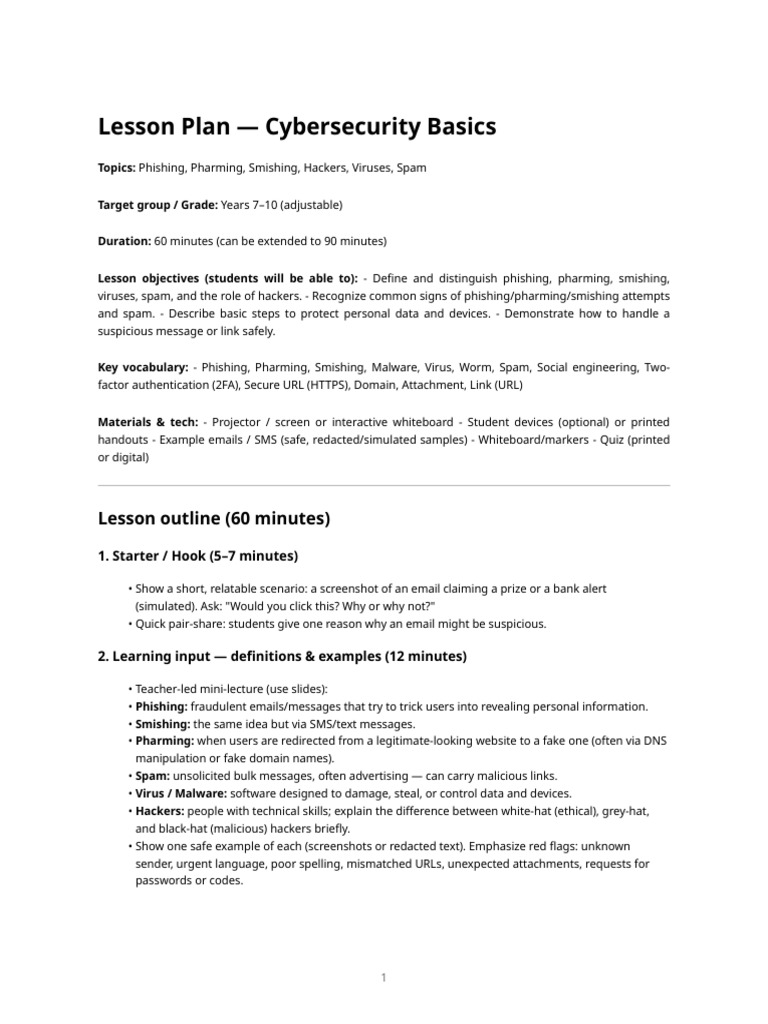 Cybersecurity Lesson Plan - Phishing, Pharming, Smishing, Hackers ...