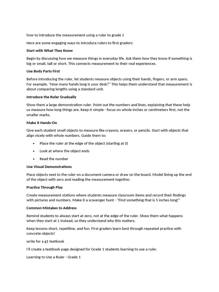 How To Introduce The Measurement Using A Ruler To Grade 1 | PDF