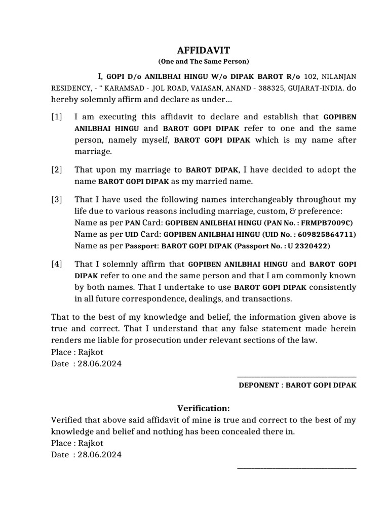 Affidavit of Name Declaration | PDF