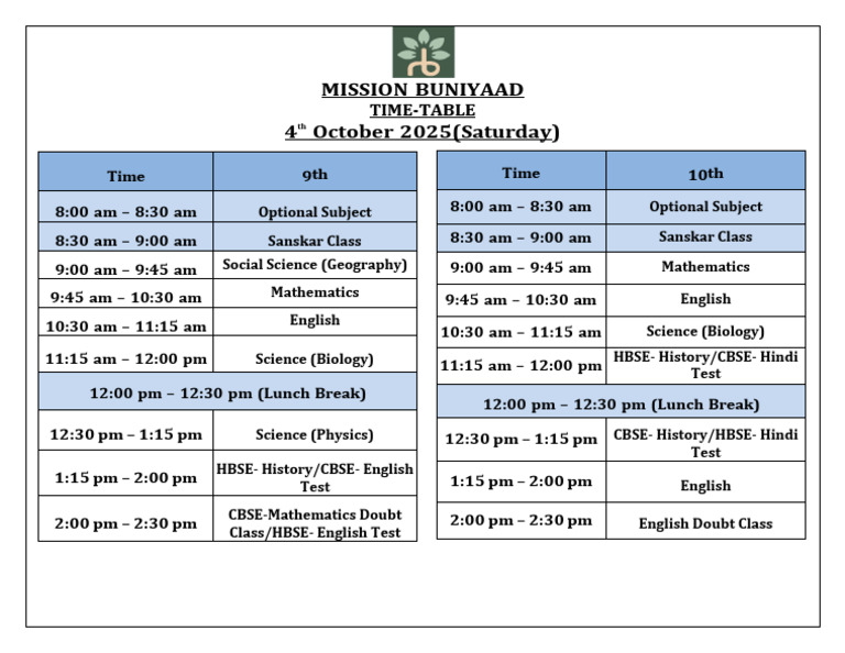 9th and 10th Grade Time Table | PDF