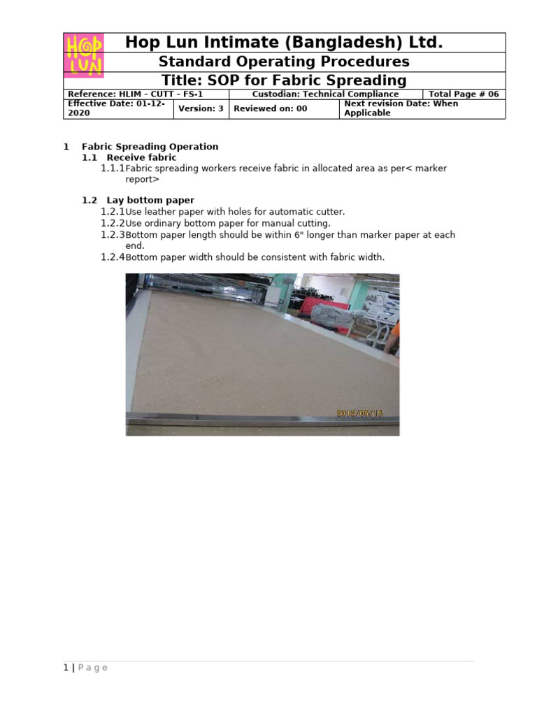 SOP For Fabric Spreading | PDF | Textiles
