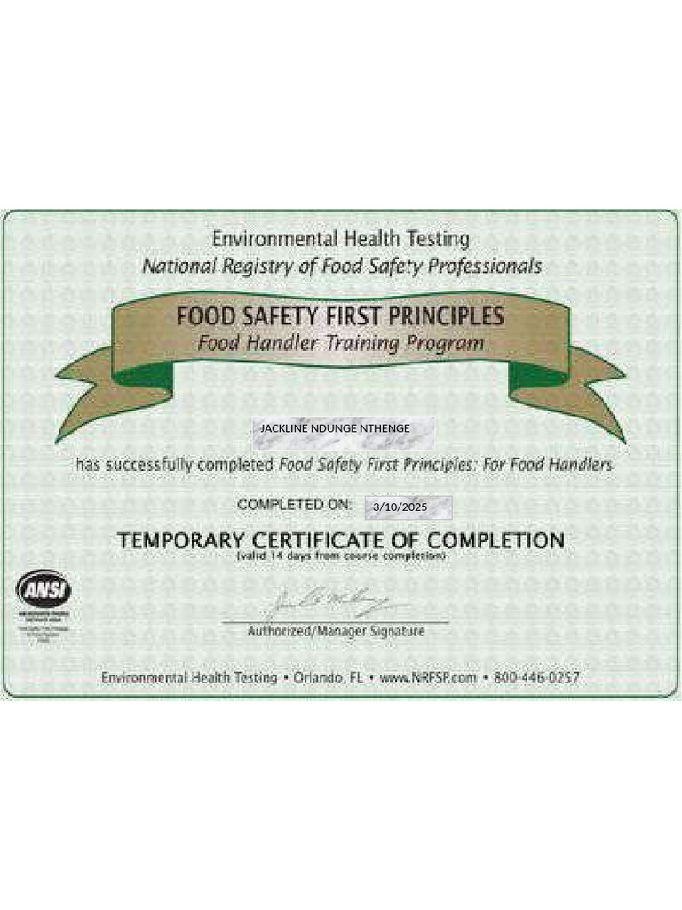 Certificate Food Handler JACKY | PDF