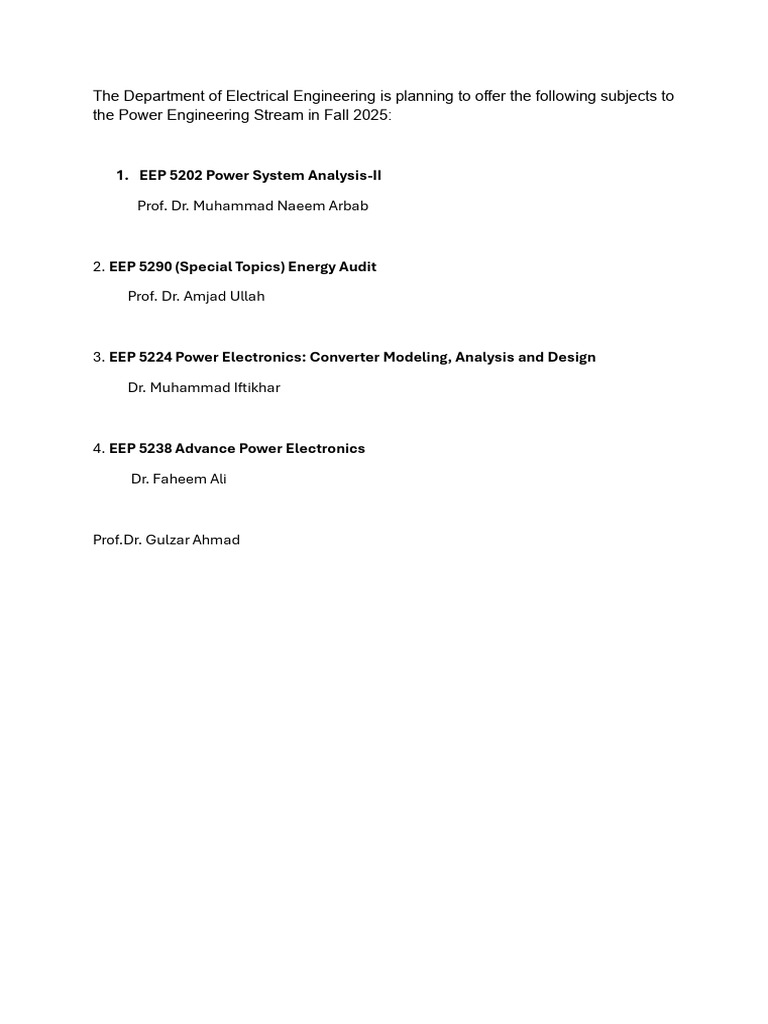 Fall 2025 Power Engineering Courses | PDF