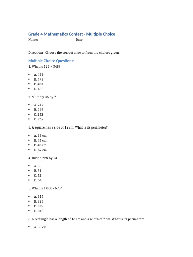 Grade 4 Math Contest Questions | PDF