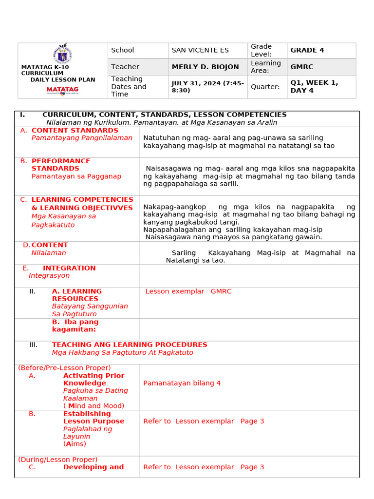 Quarter 1, Week 2 Day 2 - Biojon, Merly D Matatag-Daily-Lesson-Plan ...