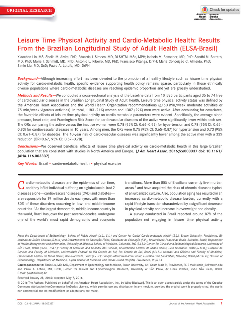 Lin Et Al 2016 Leisure Time Physical Activity and Cardio Metabolic ...