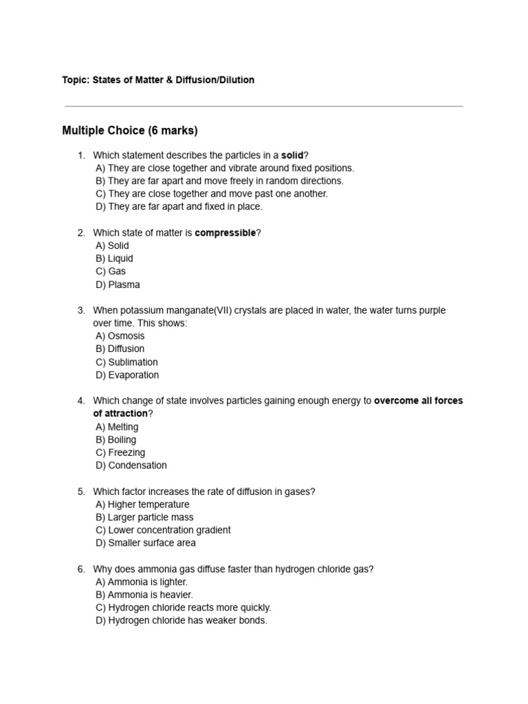 States of Matter and Diffusion Quiz | PDF | Gases | Diffusion