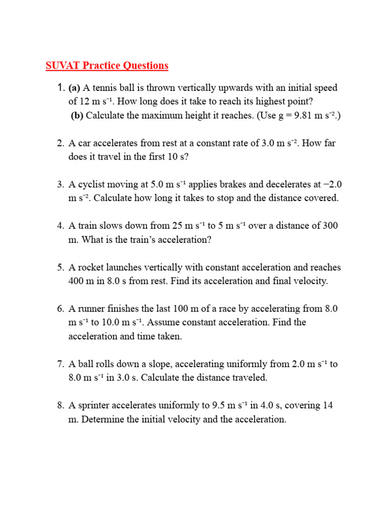 SUVAT Equations Practice Problems | PDF