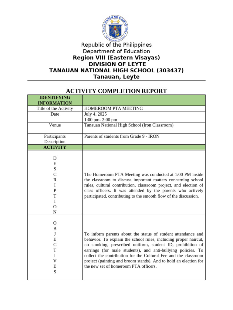 ACR - Homeromm PTA Meeting | PDF
