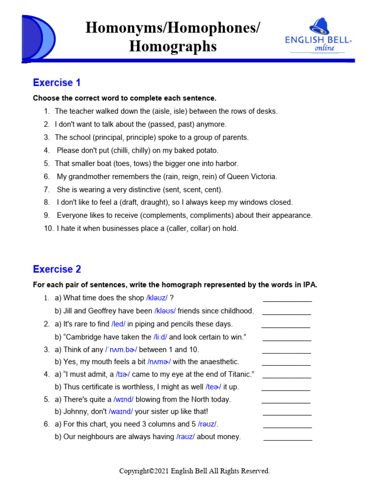 Homonyms and Homophones Exercises | PDF