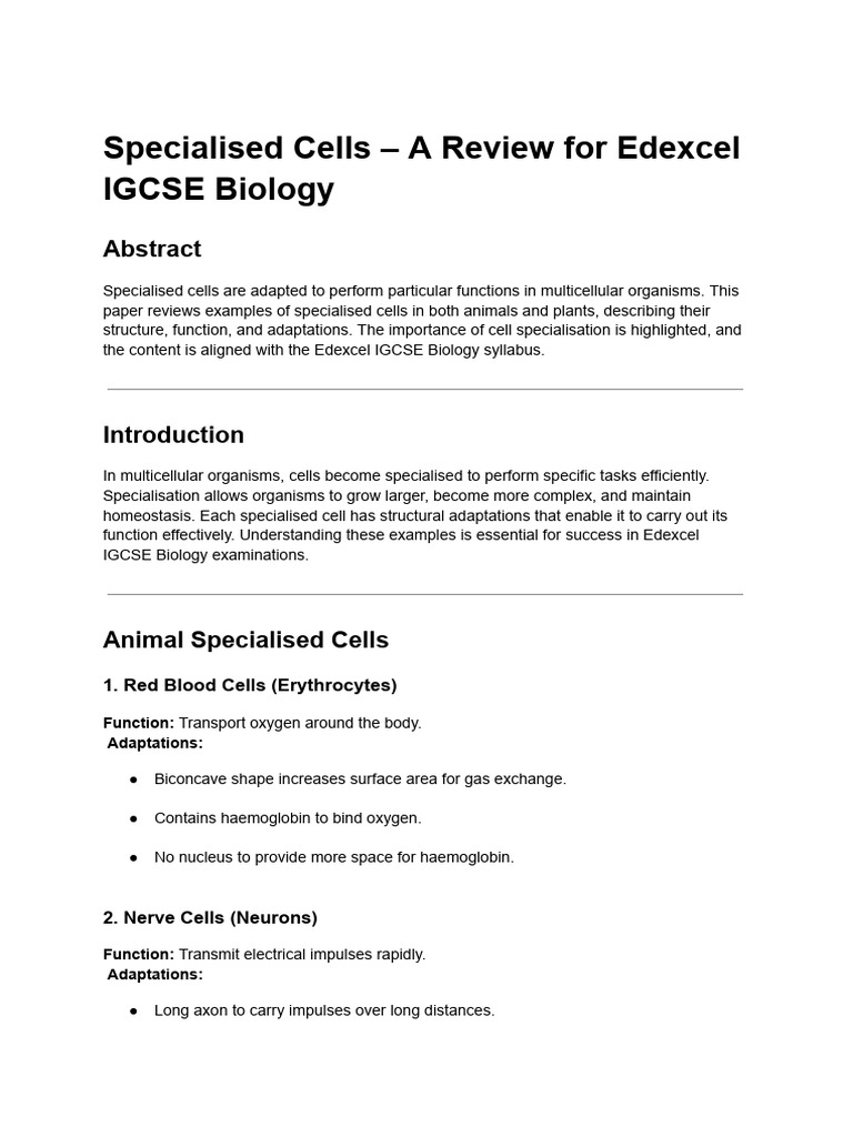 Specialized Cells for Edexcel IGCSE Biology | PDF | Cell (Biology ...