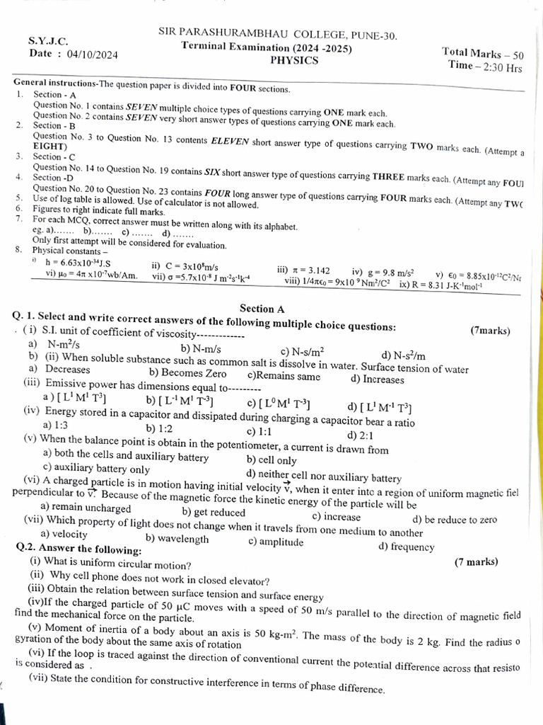 Physics Terminal Exam Paper 2024-25 | PDF | Electric Field | Atoms