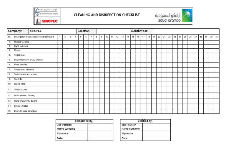 1.cleaning & Disinfectant Checklist) | PDF