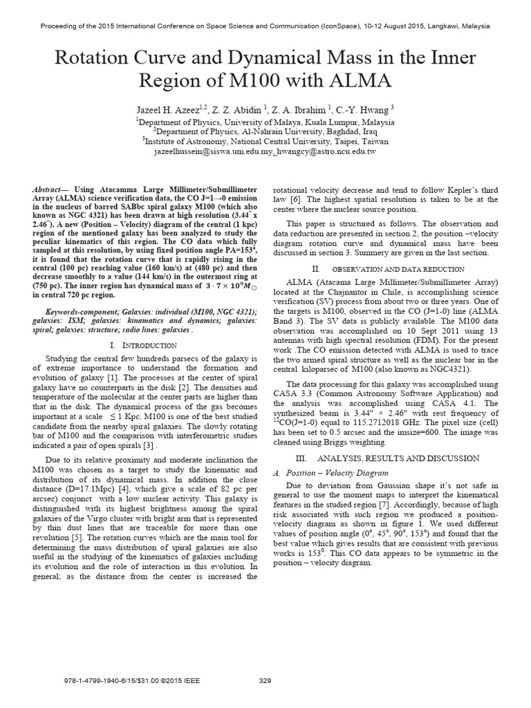 Rotation Curve and Dynamical Mass in The Inner Region of M100 With ALMA ...