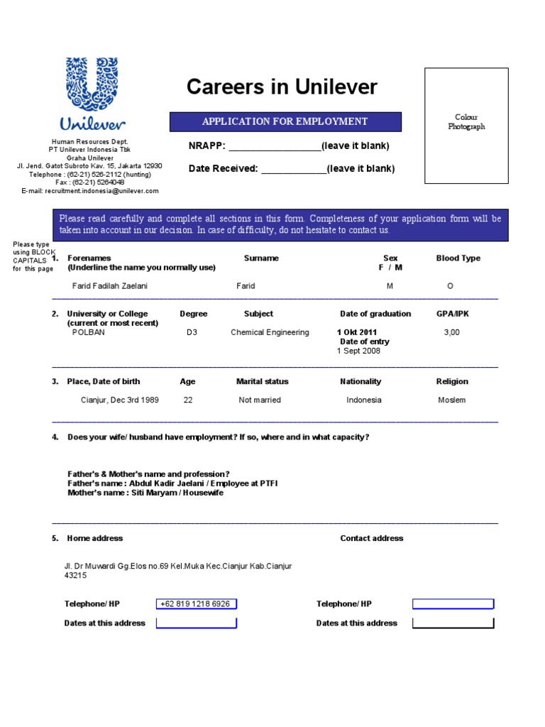 Form Lamaran UNILEVER IND | PDF | Grading (Education) | Engineering