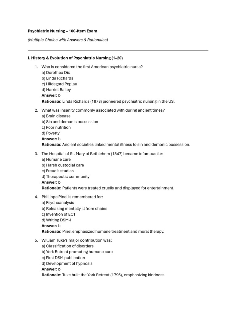 Psychiatric Nursing Exam Guide: 100 MCQs | PDF | Mental Disorder ...