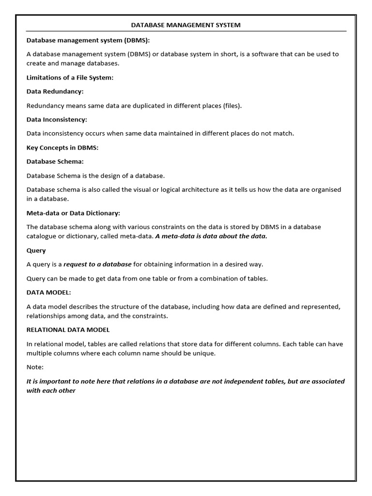 Database Management System-Notes | PDF | Relational Model | Relational ...
