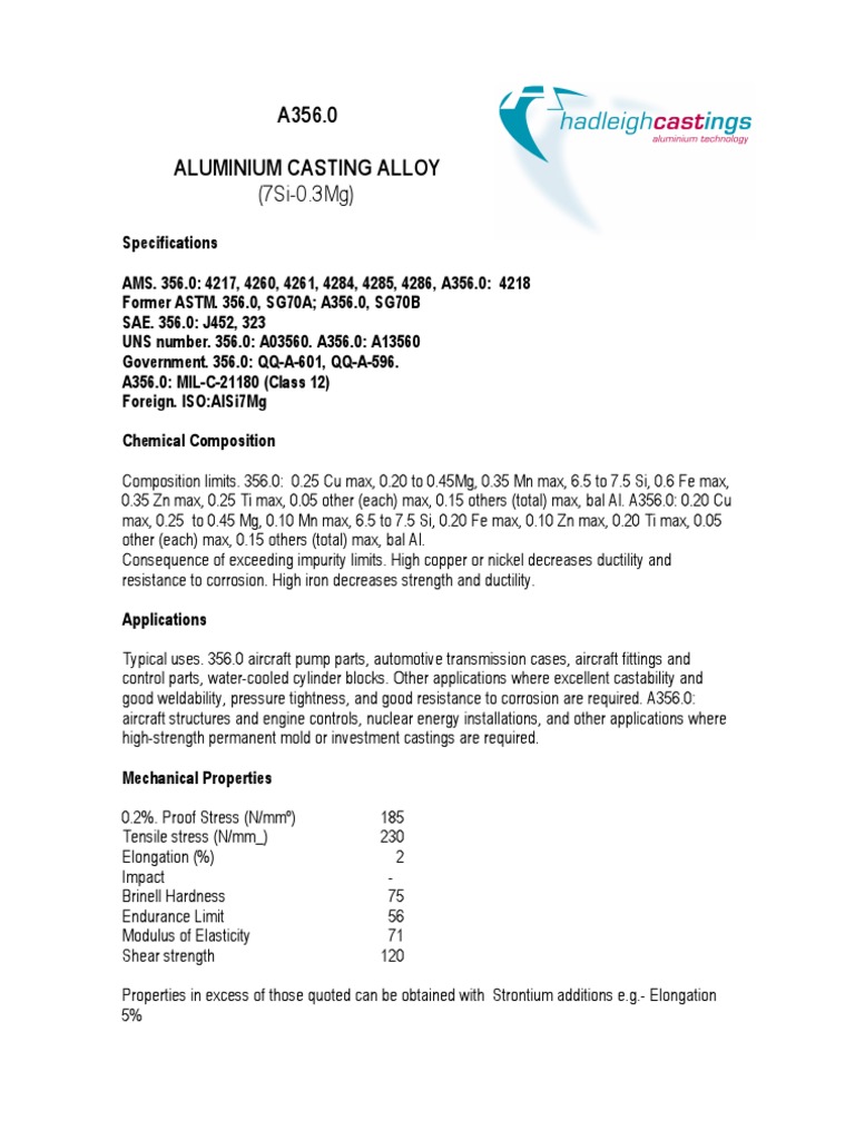 A356.0 Alloy Detail | PDF | Ultimate Tensile Strength | Strength Of ...