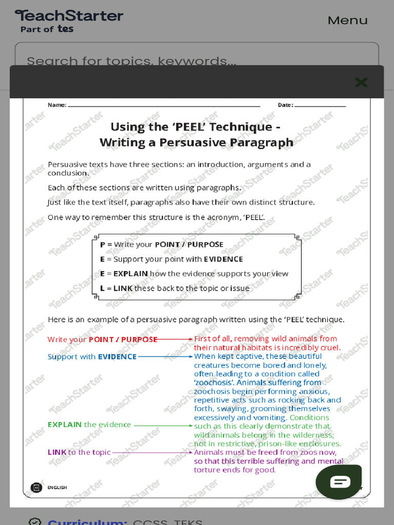 PEEL Paragraph Structure Resources | PDF