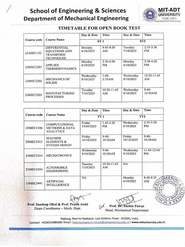 Timetable For Open Book Test | PDF