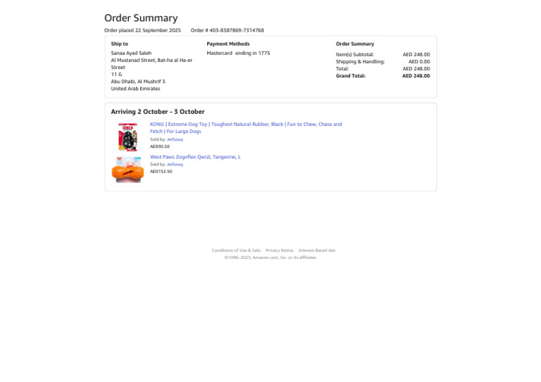 Amazon Order Summary for Dog Toys | PDF