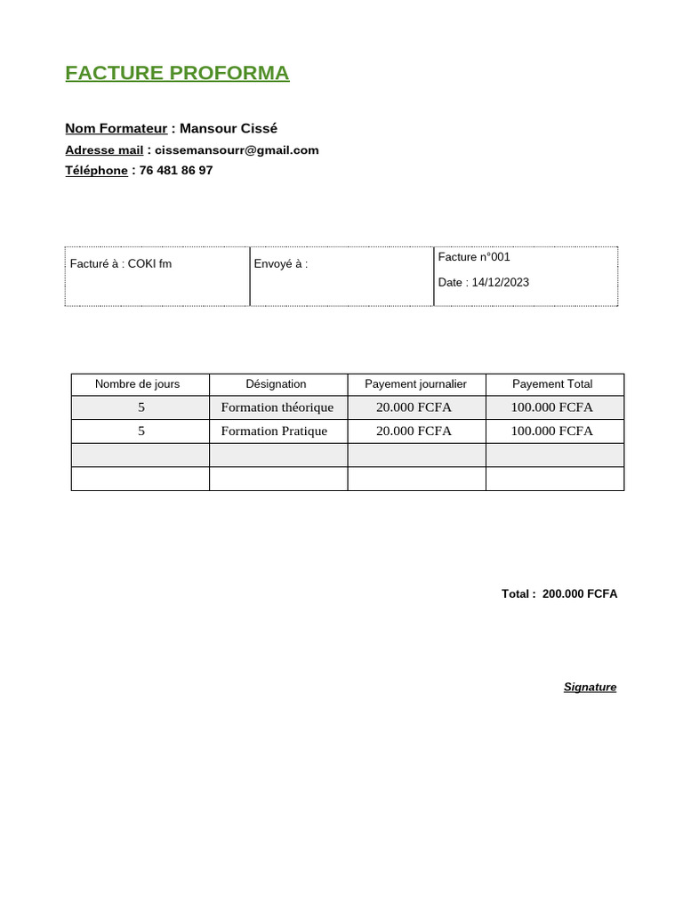 Exemple de Facture Proforma 2023 | PDF