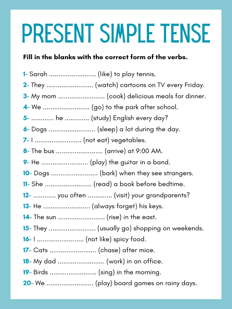 Present Simple Tense Worksheet in Turquoise White Basic Style | PDF