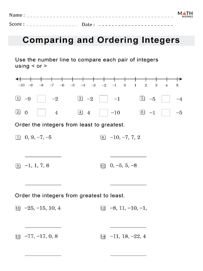 Comparing and Ordering Integers Worksheet | PDF