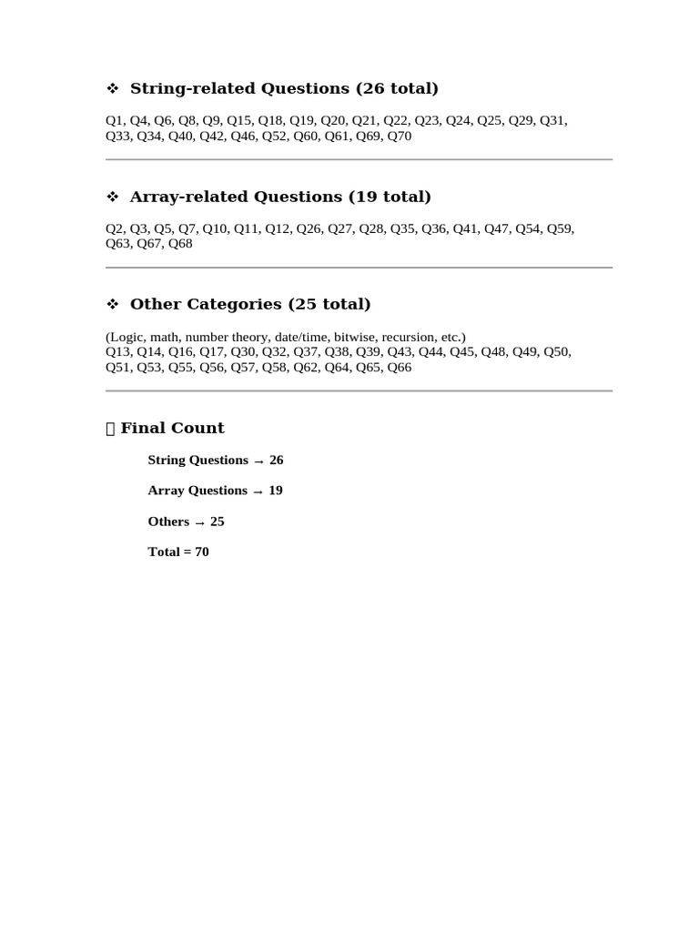 String Questions 26 Array Questions 19 Others 25 Total 70 | PDF